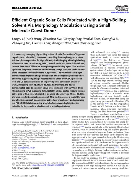 Efficient Organic Solar Cells Fabricated With A High‐boiling Solvent Via Morphology Modulation