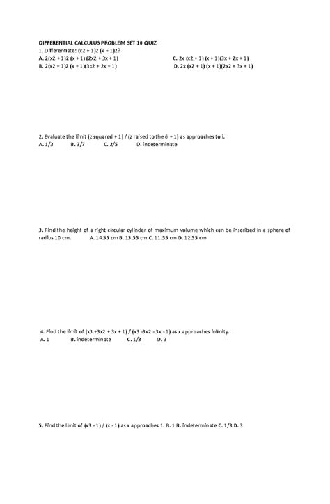 Differential Calculus Problem Set 10 Quiz Differential Calculus