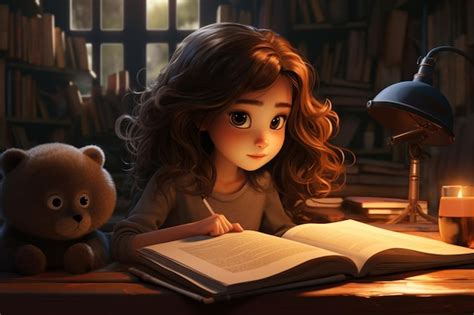 Premium Photo Rendering A Cartoonlike Scene Of A Girl Absorbed In Reading