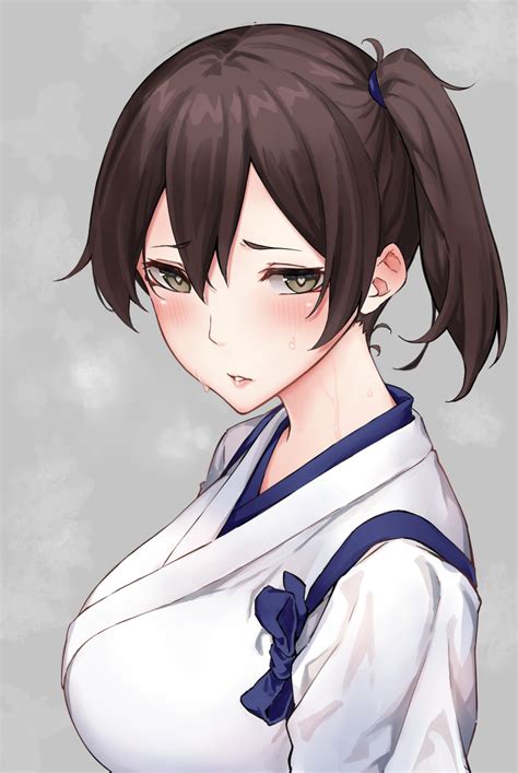 Safebooru 1girl Blush Breasts Brown Eyes Brown Hair Grey Background