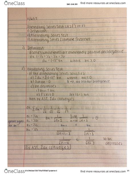Math 227 Lecture 7 Series Alternating Series Test Oneclass