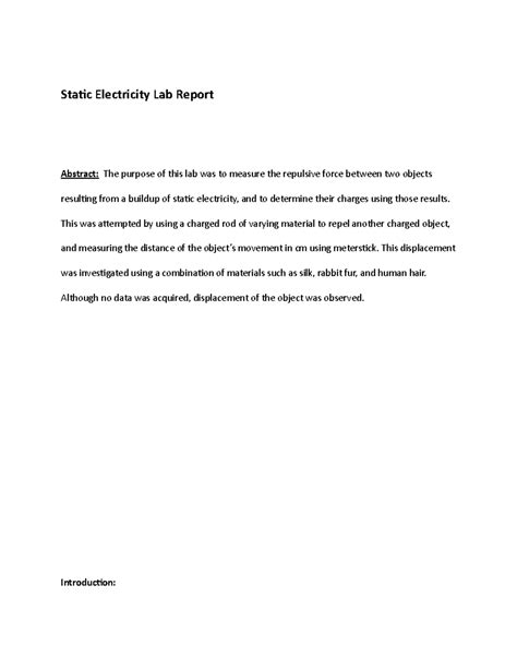 Static Electricity Lab Report New Static Electricity Lab Report Abstract The Purpose Of This