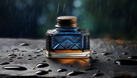 복잡한 디자인의 진한 파란색 유리 잉크 병은 소나기 동안 젖은 어두운 표면에 놓여 있습니다 잉크 병 유리 병 진한 파란색 배경 일러스트 및 사진 무료 다운로드