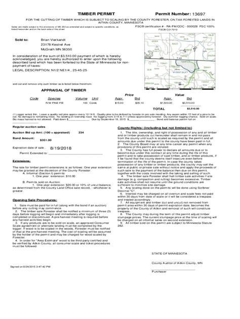 Fillable Online Timber Cutting Permit For Aitkin County Minnesota Fax Email Print Pdffiller