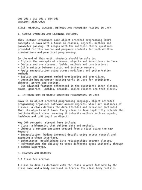 Lecure Note Java Objects Classes Methods Parameters 2025 2026 Pdf