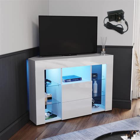Buy Elegant White Corner Tv Stand With Rgb Lights High Gloss 100cm