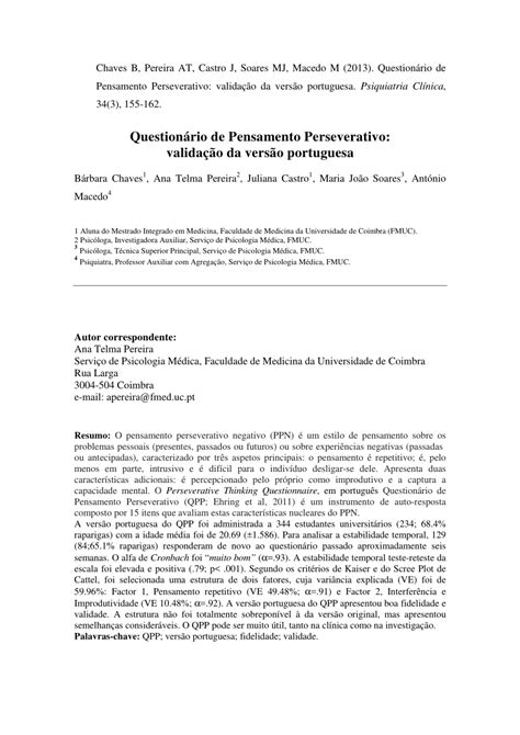Pdf Perseverative Thinking Questionnaire Validation Of The