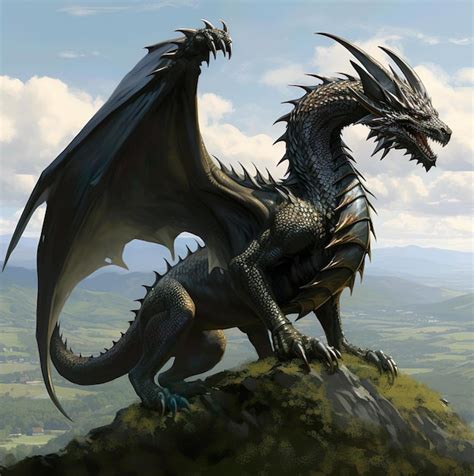 Ilustración De Fantasía Del Dragón Negro En La Colina Foto Premium