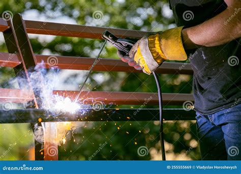Welding Metal By Electric Arc Welding Close Up Stock Image Image Of