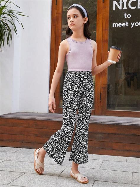 Shein Tween Girl Knit Vestfloral Bell Bottoms Holiday Two Piece Outfit