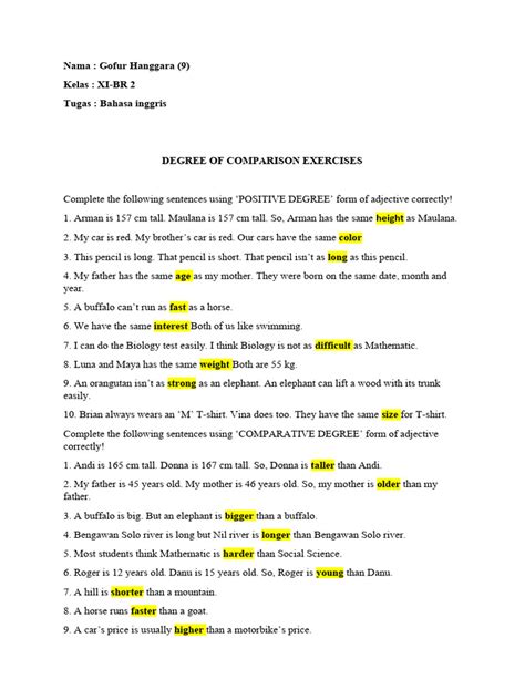 Degree Of Comparison Exercises Pdf
