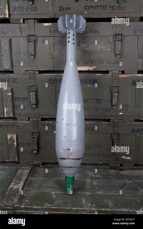 Soviet Or Russian 120 Mm Mortar Shell On Army Green Crate Text In