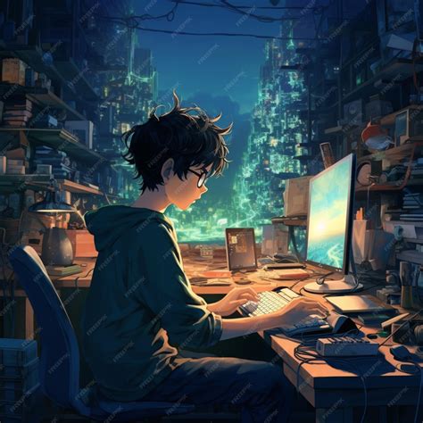 Premium Ai Image Nerdy Boy Programming On A Computer In A Room Ai