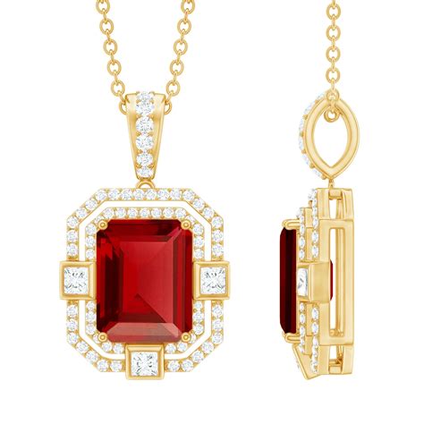 Rosec Jewels Emerald Cut Created Ruby Pendant Necklace With Moissanite
