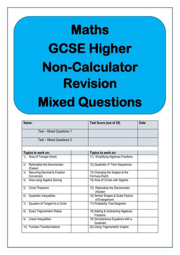 Maths Gcse 9 1 Higher Non Calculator Questions Teaching Resources