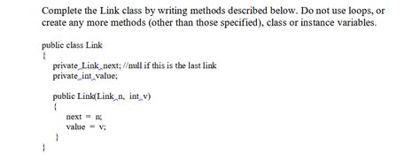 Solved Complete The Link Class By Writing Methods Described