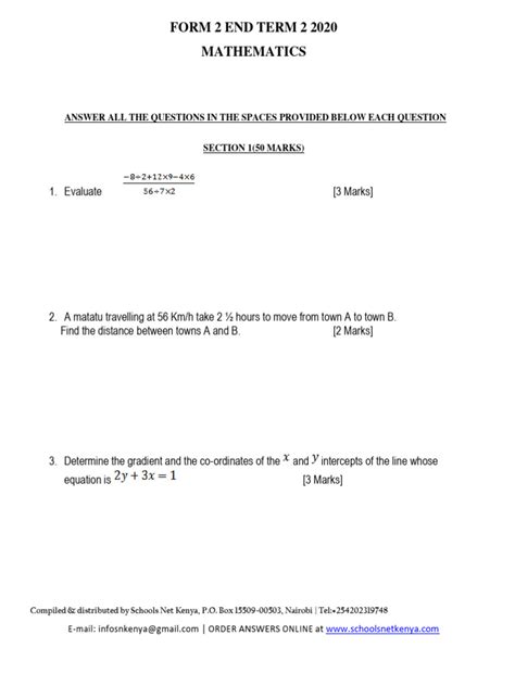 Secondary Mathematics Form 2 End Term 2 2020 Pdf Area Cartesian