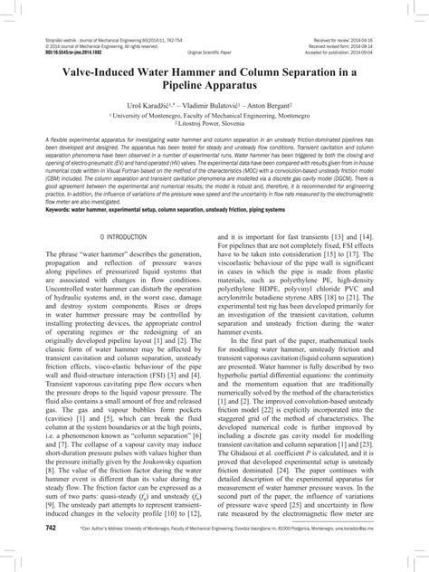 Pdf Valve Induced Water Hammer And Column Separation In A Pipeline Apparatus
