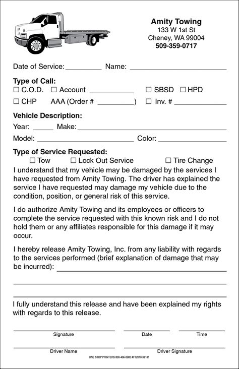 One Stop Printers Towing Company Release Of Liability Forms Yuris
