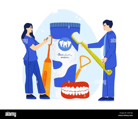 Dentist And Nurse Holding Large Toothbrushes Alongside A Giant