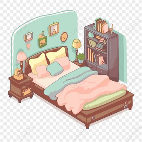 ภาพตัดปะห้องนอน ฉากในห้องนอนมีชั้นวางหนังสือและเตียงในรูปแบบการ์ตูนสามมิติ เวกเตอร์ Png สำหรับ