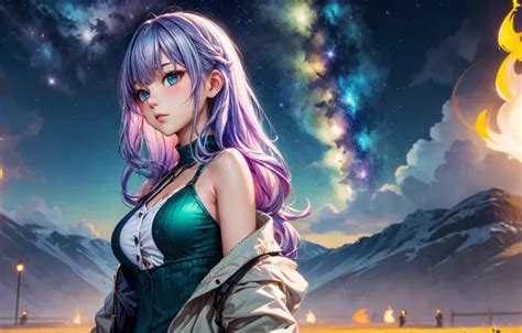 Download Wallpaper Long Hair Standing Purple Hair Bangs Anime Girl