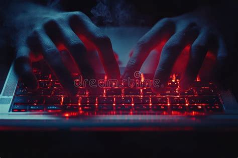 Hands Typing On A Glowing Red Keyboard In The Dark Stock Illustration Illustration Of Keys