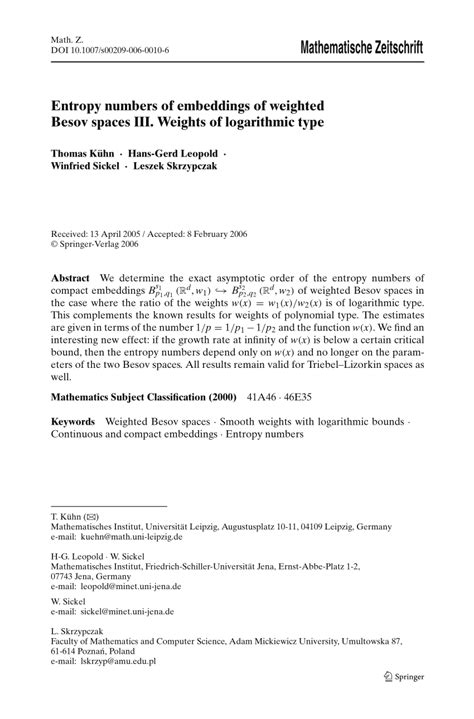 Pdf Entropy Numbers Of Embeddings Of Weighted Besov Spaces Iii Weights Of Logarithmic Type