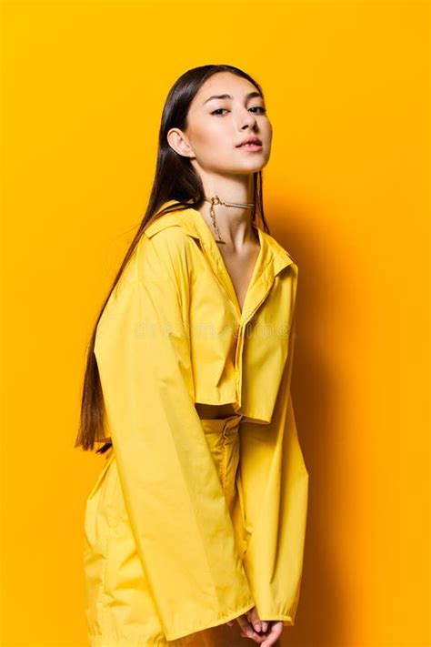 Beautiful Woman Lifestyle Yellow Girl Attractive Fun Young Model Fashion Trendy Stock Image