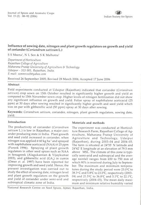 Pdf Influence Of Sowing Date Nitrogen And Plant Growth Regulators On
