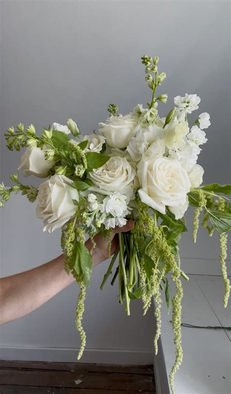 White And Green Bridal Bouquet With Hanging Amaranthus Wedding