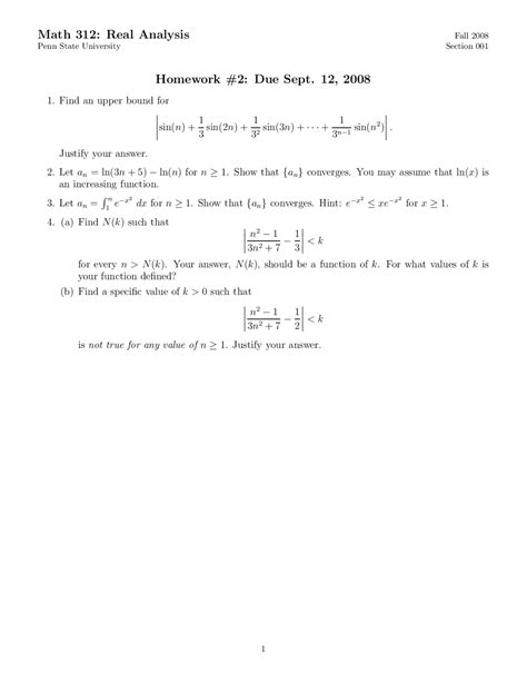 Questions On Concepts Of Real Analysis Assignment Ii Math 312 Docsity