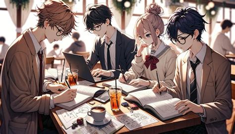 Premium Ai Image Students Doing Group Assignments In The Cafe Anime
