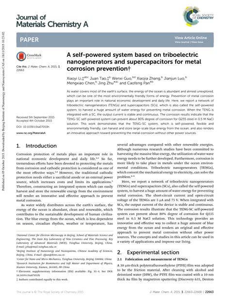 Pdf A Self Powered System Based On Triboelectric Nanogenerator And Supercapacitor For Metal