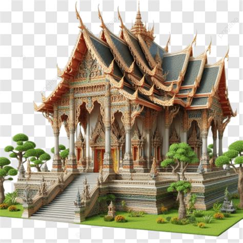 Thailand Architecture Temple With Grassy Building Illustrations