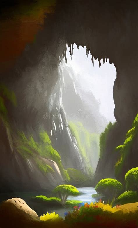 Cave Entrance With A River And A View On A Fantasy Landscape Stock Illustration Illustration
