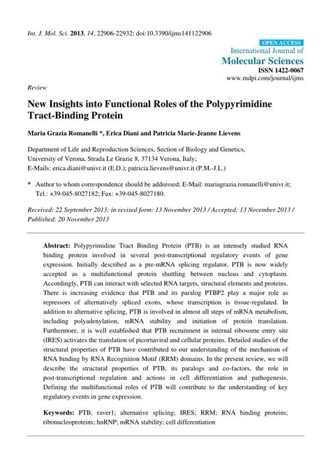 Pdf New Insights Into Functional Roles Of The Polypyrimidine Tract Binding Protein