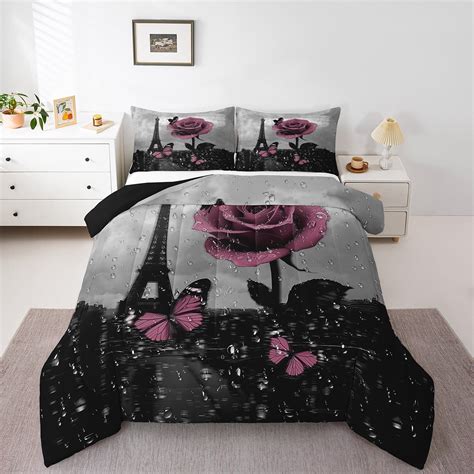 Vintage Rose Comforter Set Deep Pink And Black Rose Flower Bedding Sets Eiffel Tower Modern