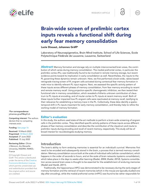Pdf Brain Wide Screen Of Prelimbic Cortex Inputs Reveals A Functional Shift During Early Fear
