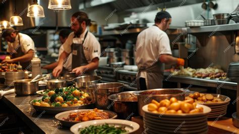 Professional Chefs Cooking In A Busy Commercial Kitchen During Dinner