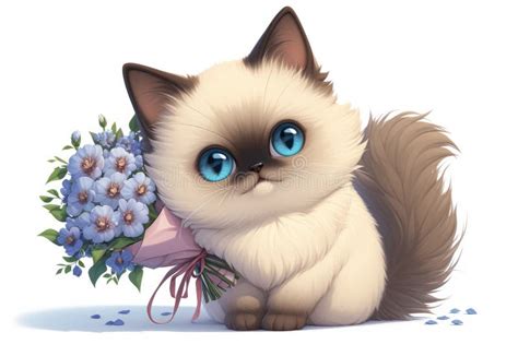 Birman Cute Cartoon Character With Bouquet Single Object Di Cut Png