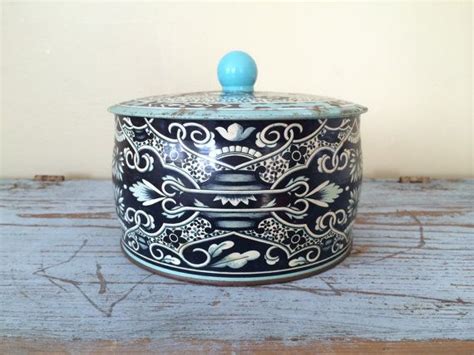 Vintage Daher English Tin Container Aqua Blue And Black Chintz Pattern