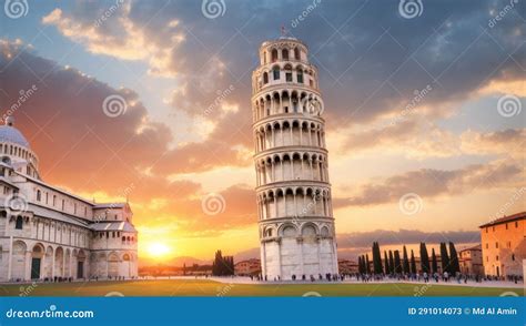 The Famous Leaning Tower Beautiful Sunset In Pisa Italy Stock