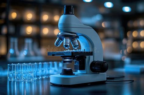 High Tech Microscope And Test Tubes On Laboratory Table For Advanced