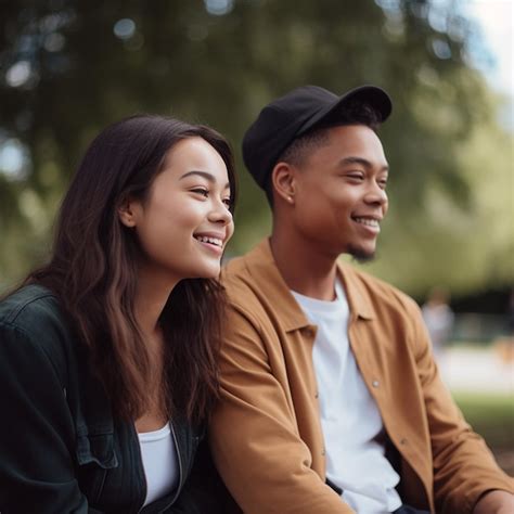 A Young Couple Sitting On A Park Bench Premium Ai Generated Image