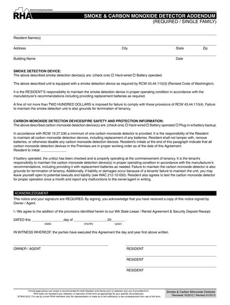 2013 2026 Form Wa Rha Smoke And Carbon Monoxide Detector Addendum Blank