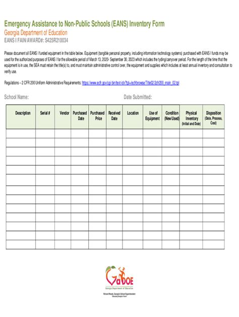 Fillable Online Eans I Inventory Formpdf Georgia Department Of