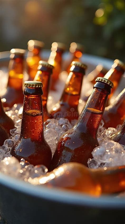 Close Up Of Chilled Beer Bottles In Ice For Refreshing Enjoyment Stock Illustration
