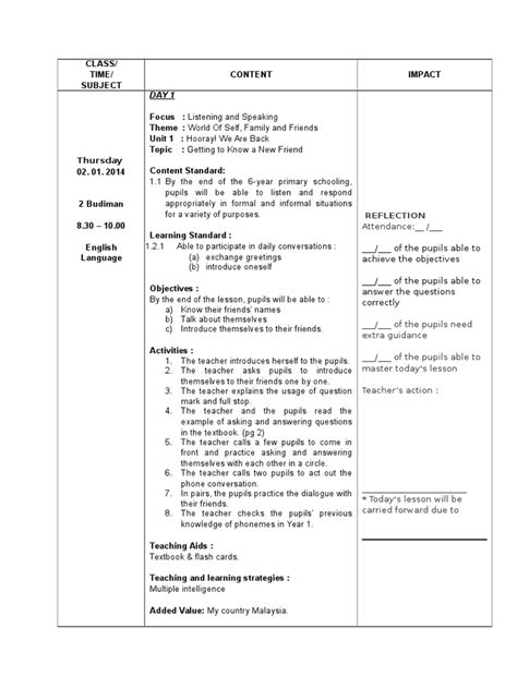 Lesson Plan Year 2 Unit 2 Pdf Lesson Plan English Language