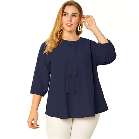 Womens Plus Size Work Formal 3 4 Sleeve Solid Chiffon Blouse